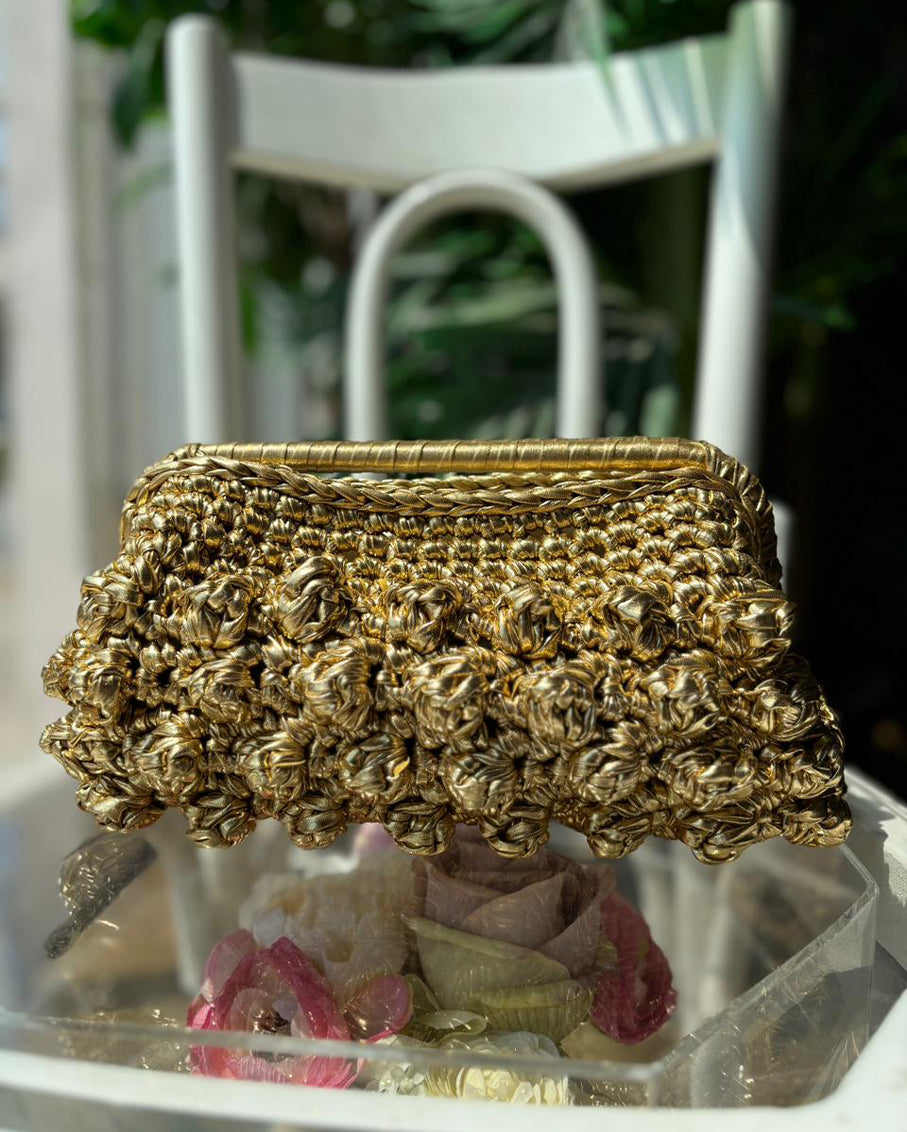 Popcorn Metallic Handmade Rectangular Golden Bag – shopatsauce.com